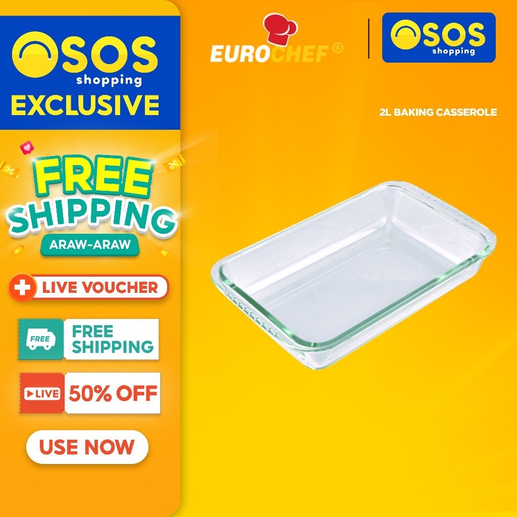 Eurochef Borosilicate Glass Rectangular Baking Tray Casserole Dish w/ Handles Microwavable 2L ...