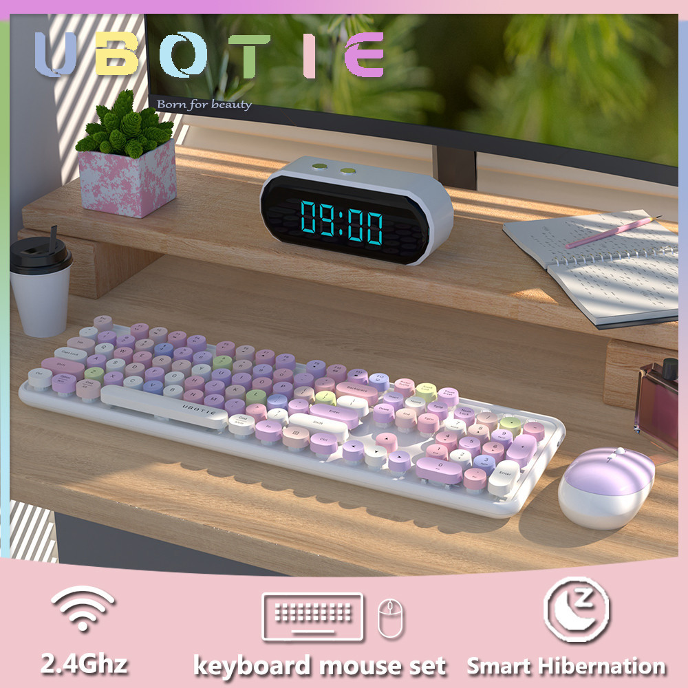 ☯UBOTIE Colorful Wireless Keyboard and Mouse Combo 104 Keys Round Retro ...