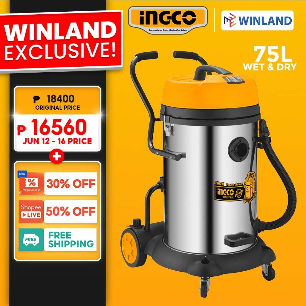 Ingco by Winland Wet & Dry Vacuum Cleaner 75L 2400W Multi-Purpose Dirt ...