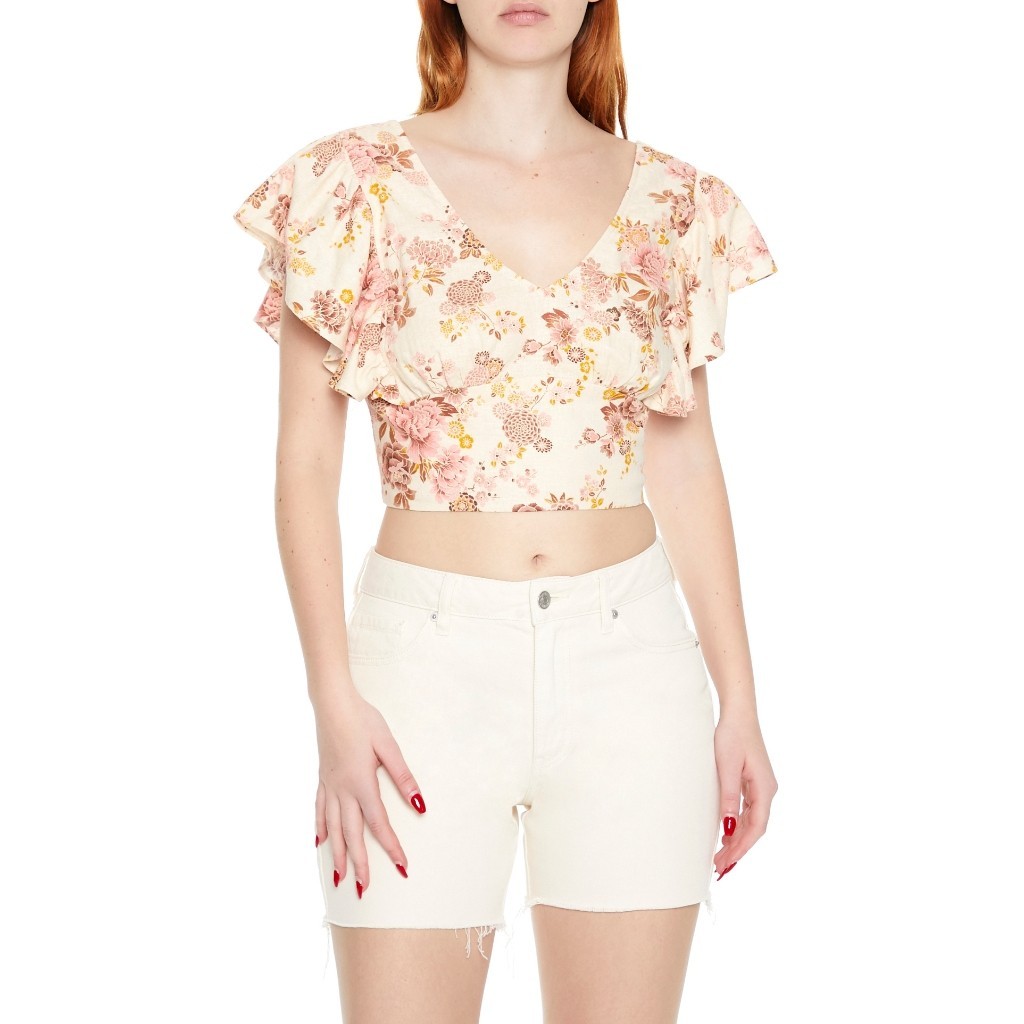 Forever 21 Women's Floral Butterfly-Sleeve Crop Top | Shopee Philippines