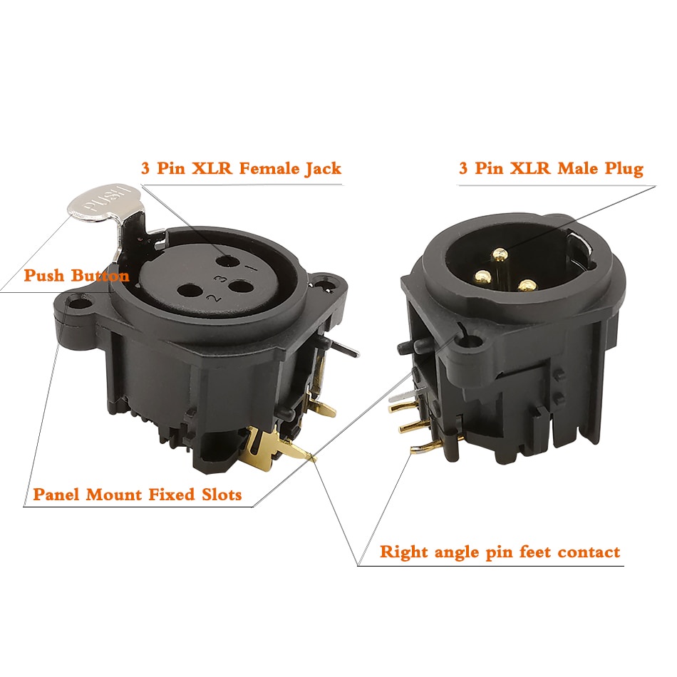 2Pcs 3 Pin XLR Chassis PCB Panel Connector Right Angle PCB Panel Mount ...