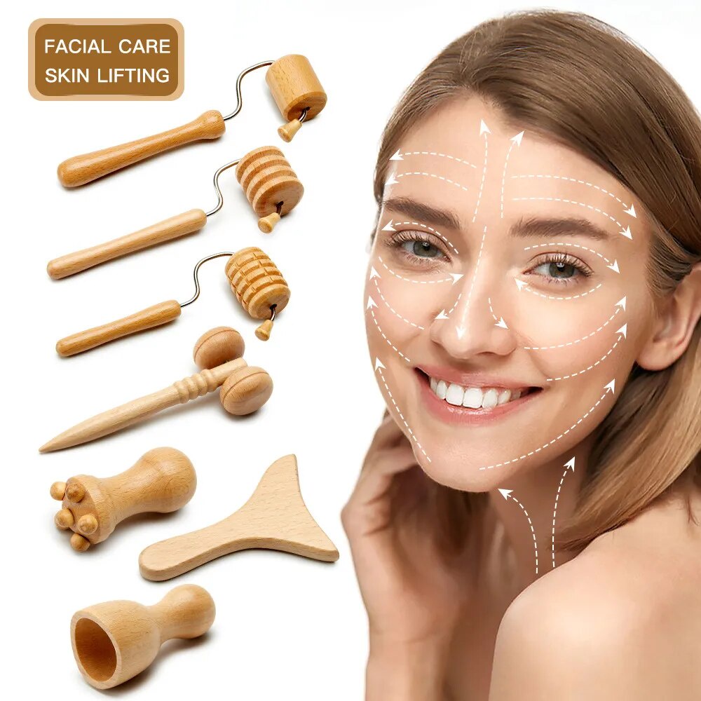 ☮72pcsset Face Gua Sha Massagers Tools Wood Therapy Face Roller Massager Maderotherapy Roller