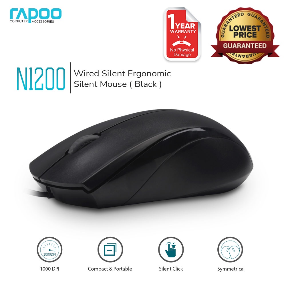 Rapoo N1600/N1200 Optical Ergonomic Silent Wired Mouse 1000 DPI for ...