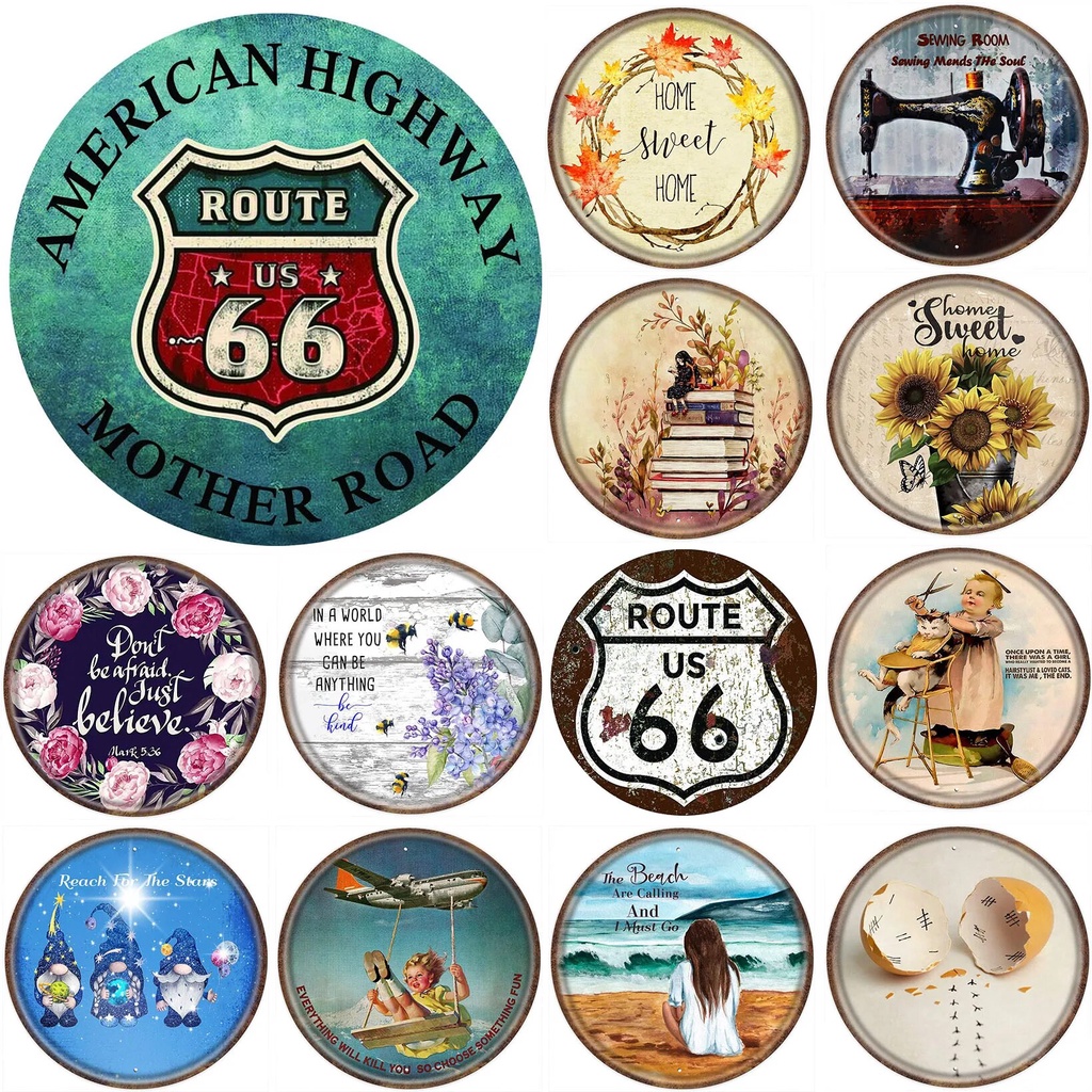 Historic Route 66 Round Metal Tin Signs Vintage Road Signs Room Decor ...