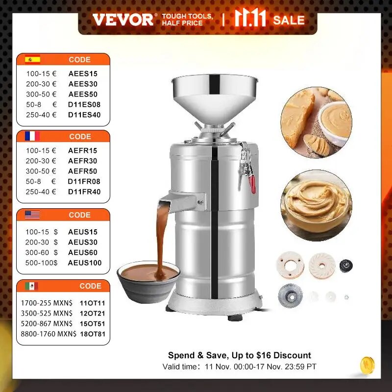 Vevor 15kg H Peanut Butter Maker 1100w Electric Commercial Walnuts Nuts