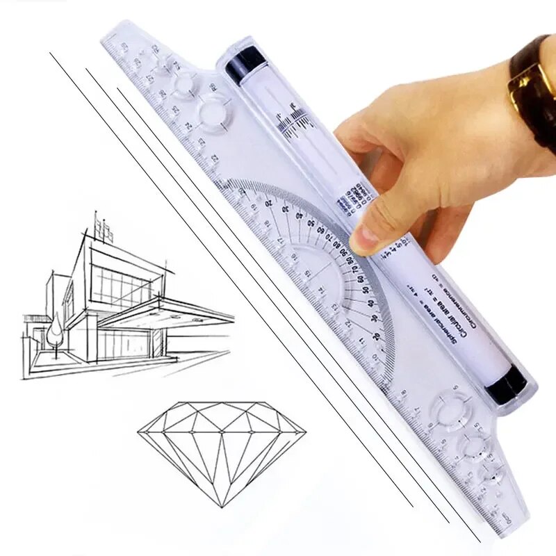 ☏Template Drawing Balance Multi-purpose Angle Measuring Rolling Ruler ...