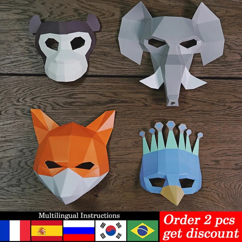 ☹Pre-cut Bird Elephant Fox Monkey Animal Face Mask Paper Model,3D ...