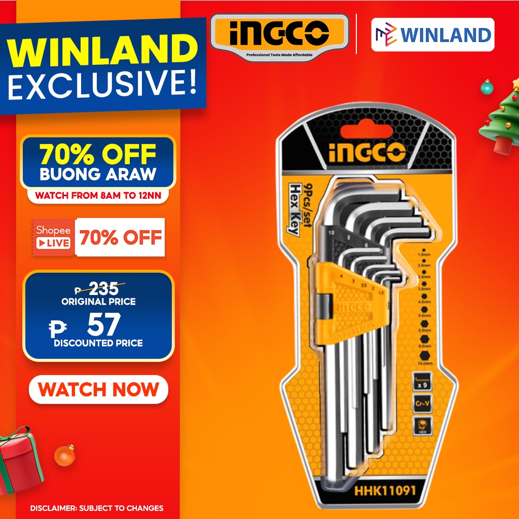 Ingco by Winland Tool Long Arm 9pcs Hex Allen Key Set w/ CR-V Material ...