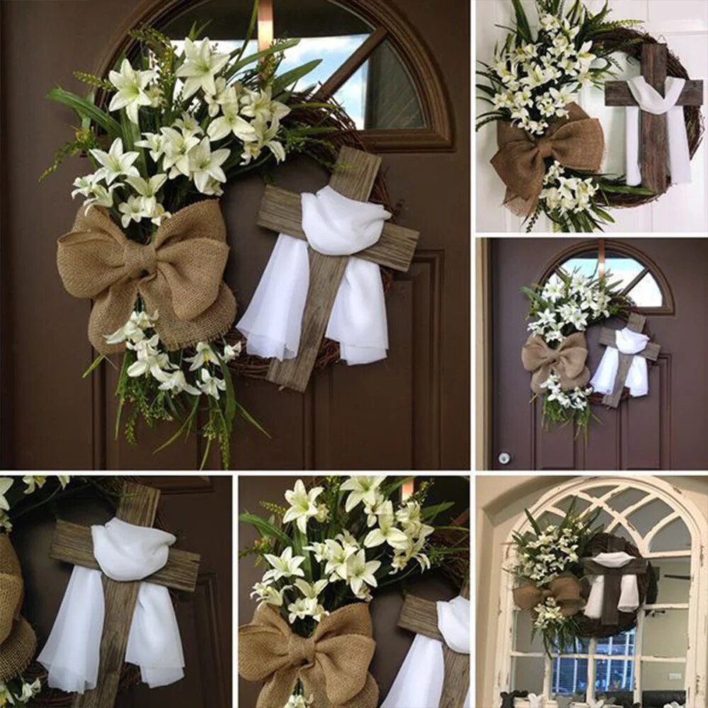 41o Easter Welcome Cross Wreaths Wooden Religious Ornament Garland ...