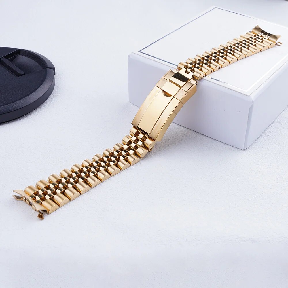 07C 19mm Gold Hollow Curved End Solid Screw Links Watch Band Jubilee ...