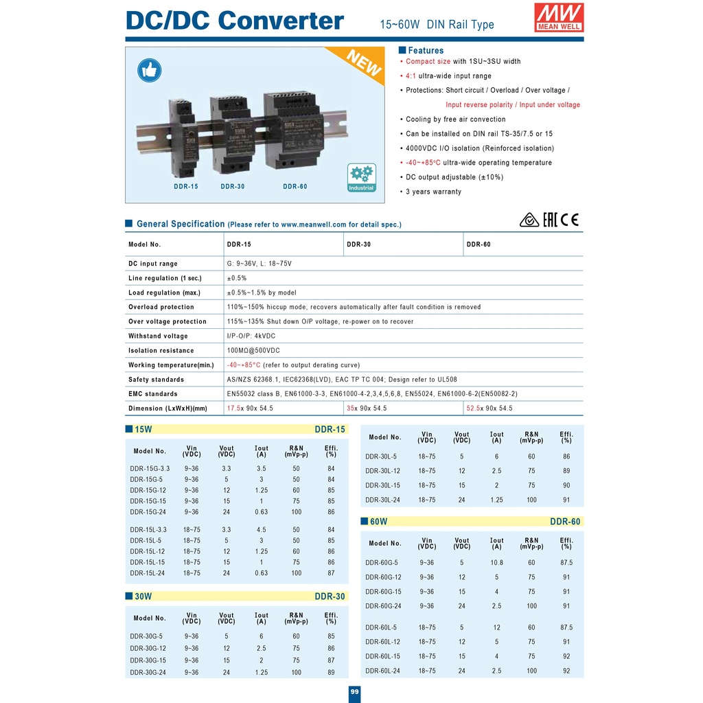 Original Mean Well DDR-60G-12 Din Rail Type DC-DC Converter meanwell ...