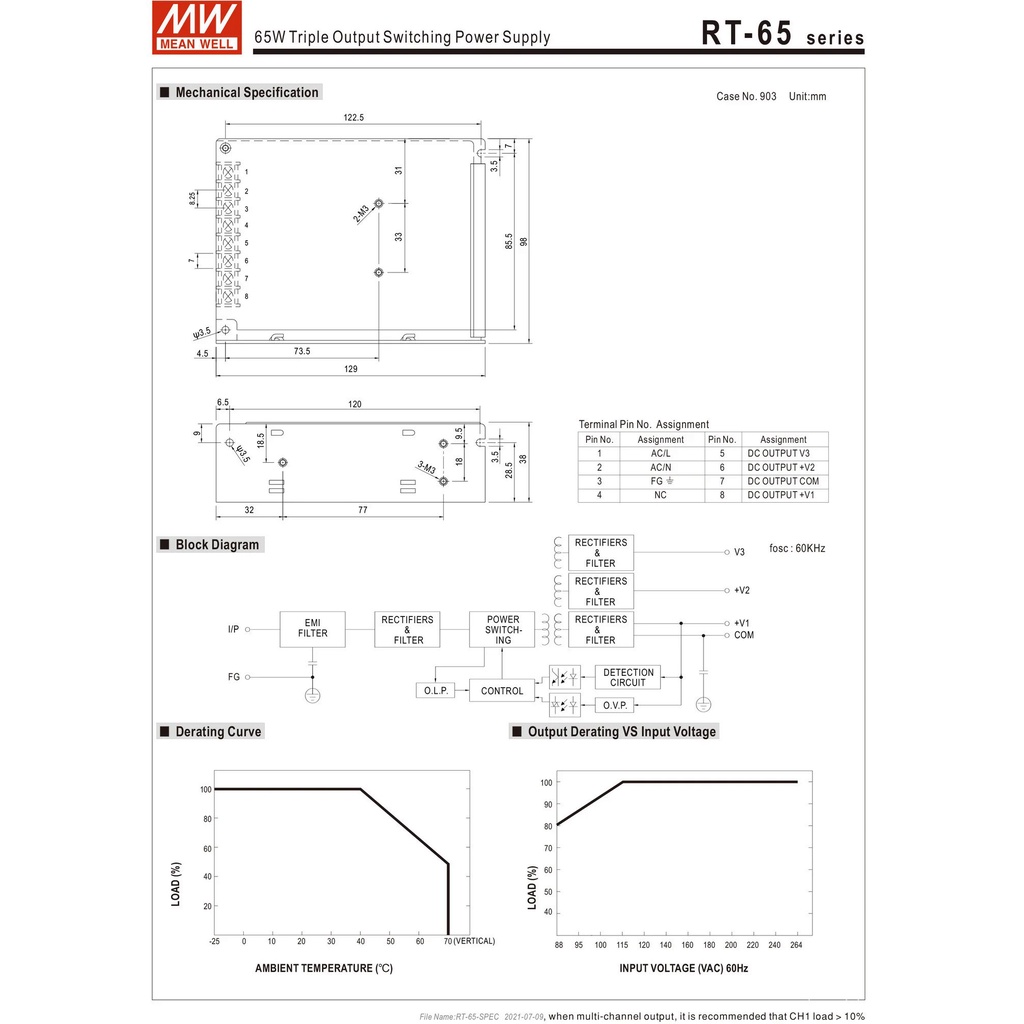 Mean Well RT-65B AC/DC 65W 5V 12V -12V 64.6W Triple Output Switching ...