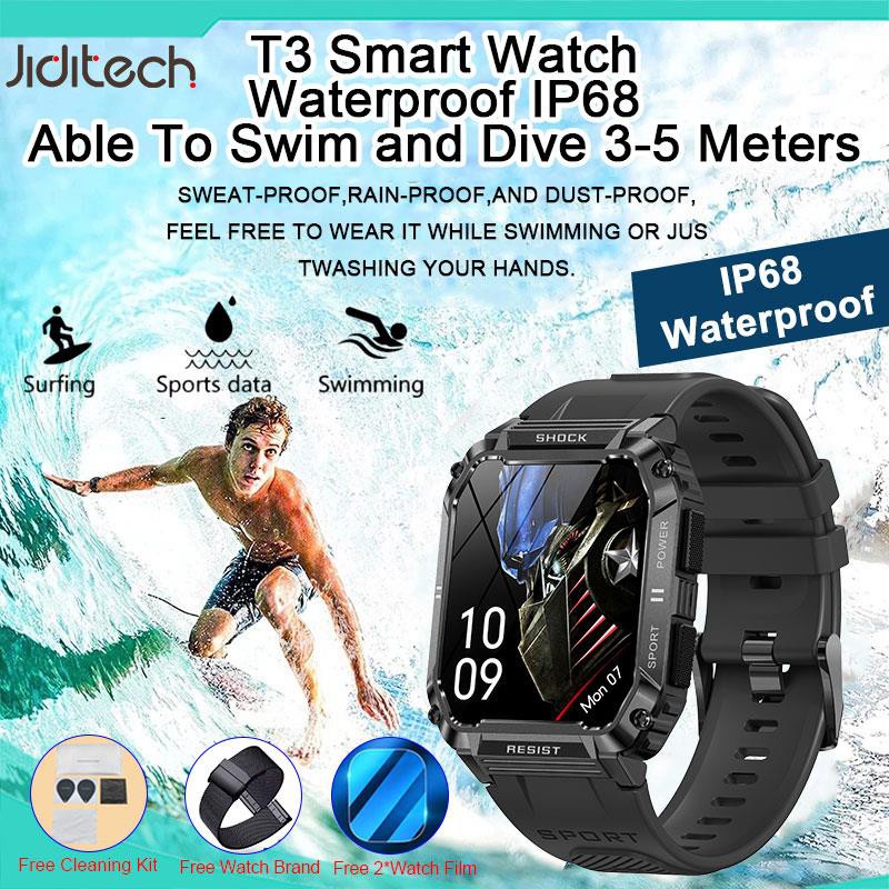 Jiditech T3 Smart Watch Men Black Big Screen IP68 Waterproof Wristband ...