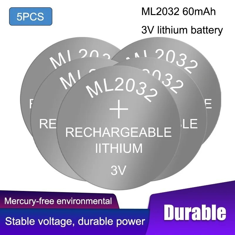 5pcs/lot 3V Coin Cell Button Battery 2032 ML2032 Rechargeable CMOS BIOS ...