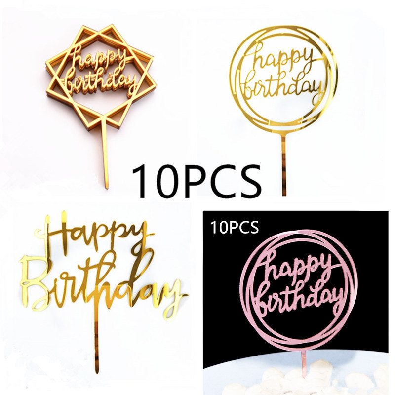 ☆10 Pcs Rose Gold Happy Birthday Cake Topper Silver black Simple Design ...