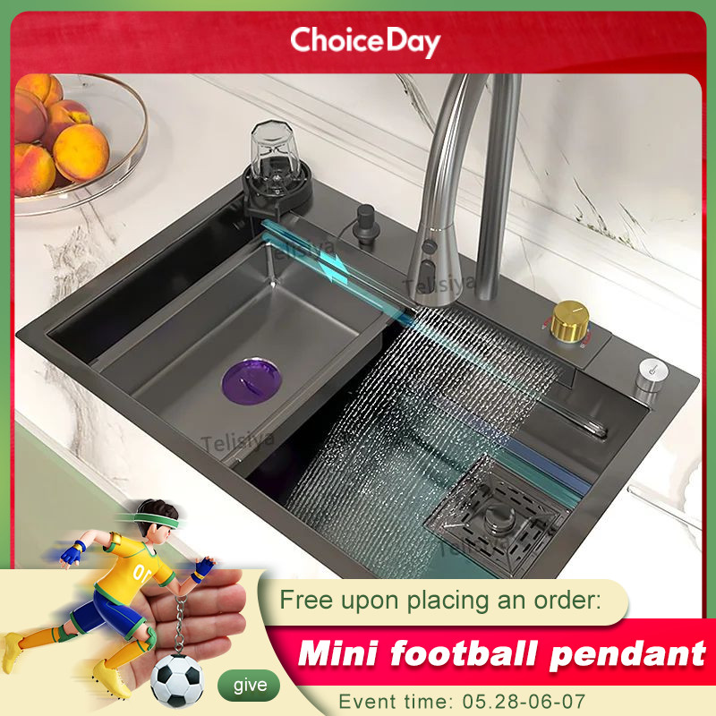 Kitchen Sink Stainless Steel Waterfall Sink Large Single Slot Wash ...