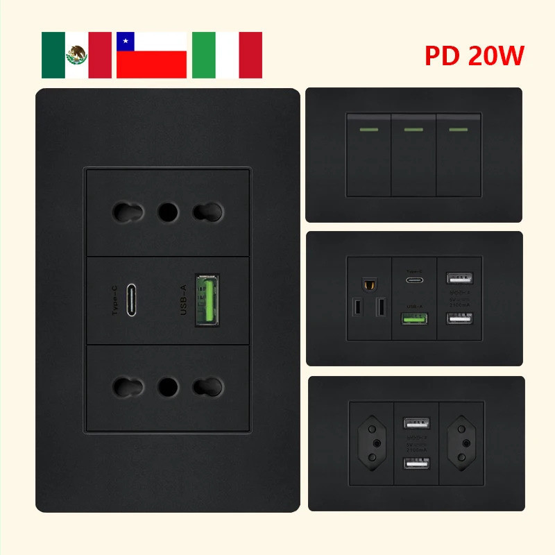 Italy Chile Mexico Outlet with USB Smart Type-c 20W Fast Charging Wall ...
