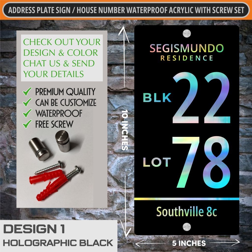 HOUSE NUMBER BLK AND LOT SIGNAGE ADRESS PLATE 5"X10" ACRYLIC WITH TOX ...