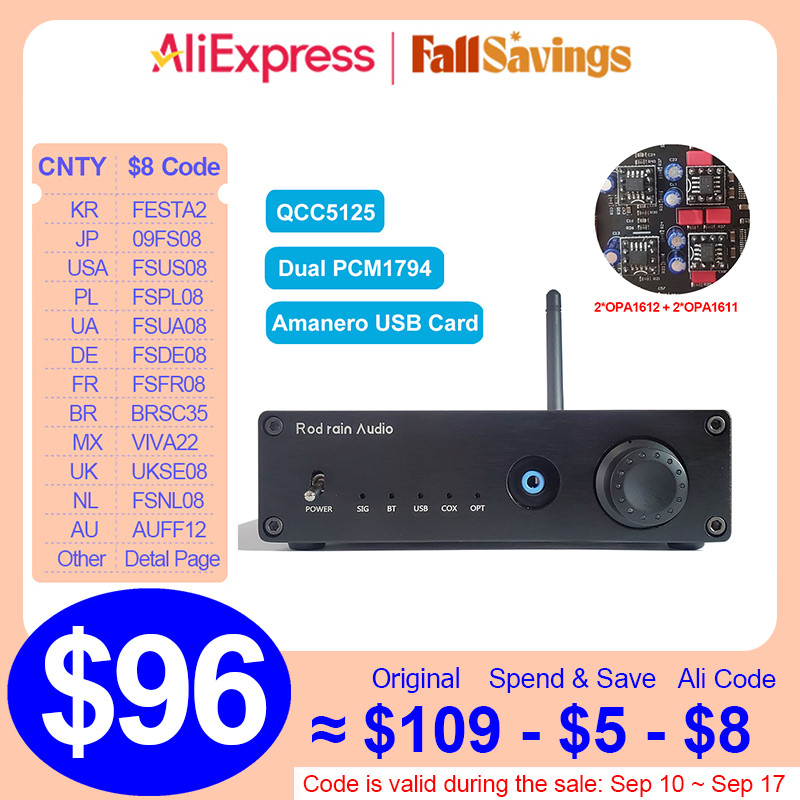 ♡Rod Rain Audio Dual PCM1794 DAC QCC5125 Bluetooth 5.1 Amanero USB Card ...