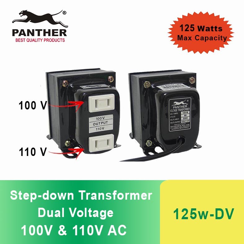 Panther 125w-DV Step-down Transformer DUAL VOLTAGE 125 Watts, Input 220VAC, Output 100VAC and ...