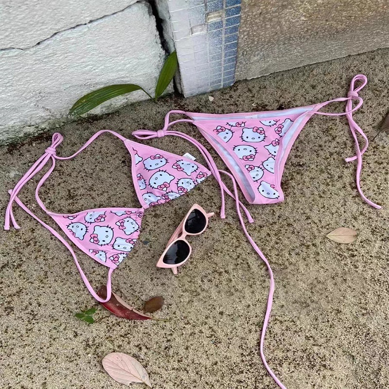 2pcs Sanrio Hello Kitty Bikini Set Cute Cartoon Y2k Summer Beach Soft