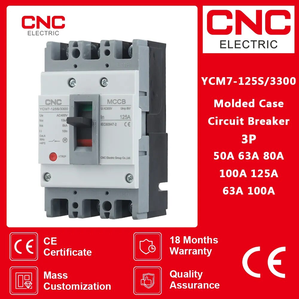 CNC YCM7-125S/3300 3P 125A AC400V 15kA MCCB Moulded Case Circuit Breaker Solar Switch Motor ...