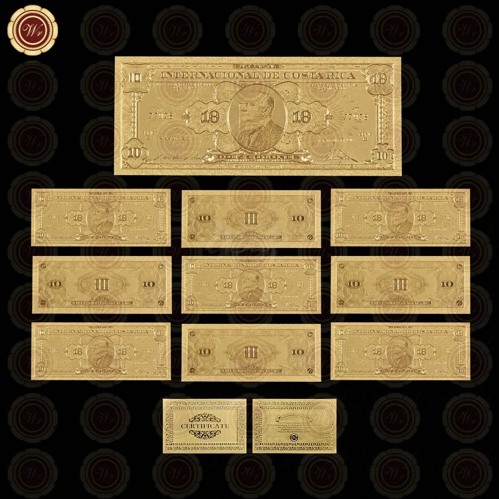 ๑10Pcs/set Costa Rica Gold Foil Banknote Plastic Bank Note ...