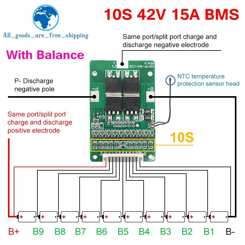 TZT 10S 42V 15A BMS Polymer Cell 18650 Lithium Battery Protection Board ...