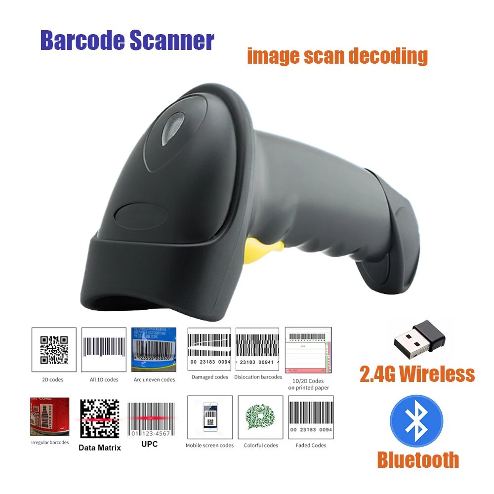 ♟Barcode Scanner 1D 2D QR code 2.4G Bluetooth Wireless Handheld Data ...