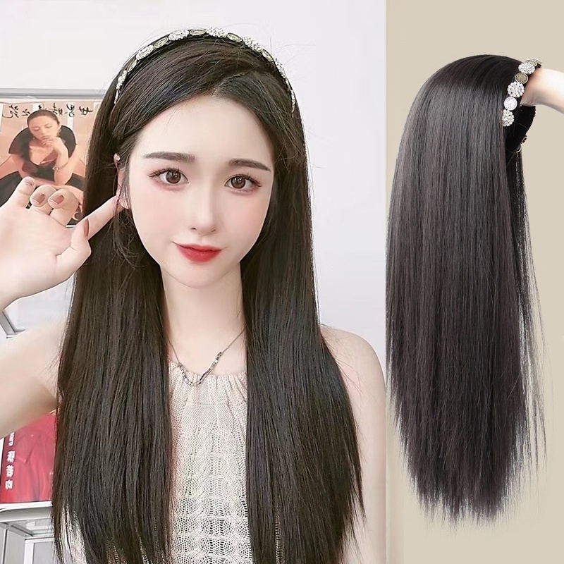 Long Straight Wig With Rhinestone Connection Hairband Wig for Women ...