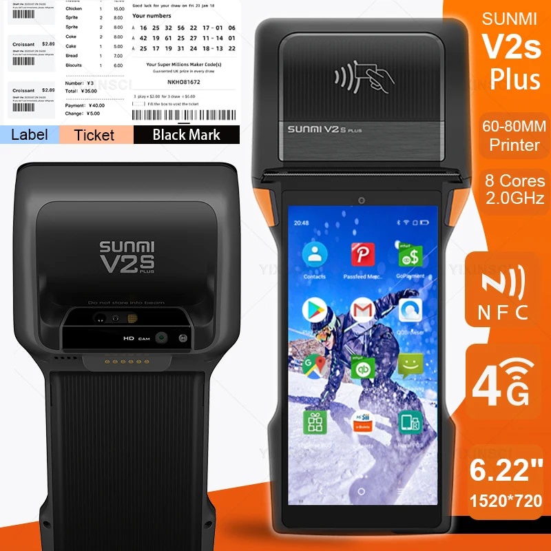 SUNMI V2s Plus Handheld POS PDA 60-80mm Thermal Receipt Label Black Mark Printer Mobile 4G Blue ...