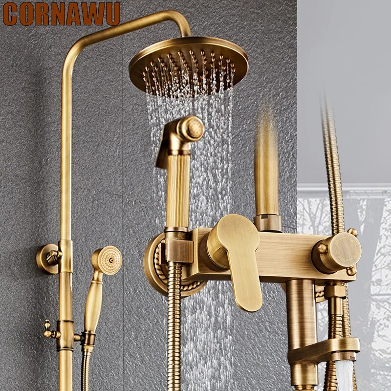 Antique Brass Shower Set Hot Cold Vintage Shower System Wall Mount Bath ...