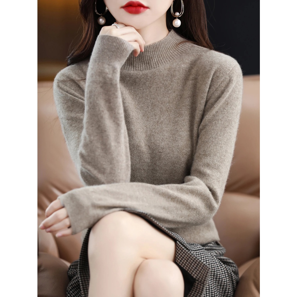 100% Merino Wool Sweater Women Mock Neck Sweater 2023 Fall Winter Basic ...