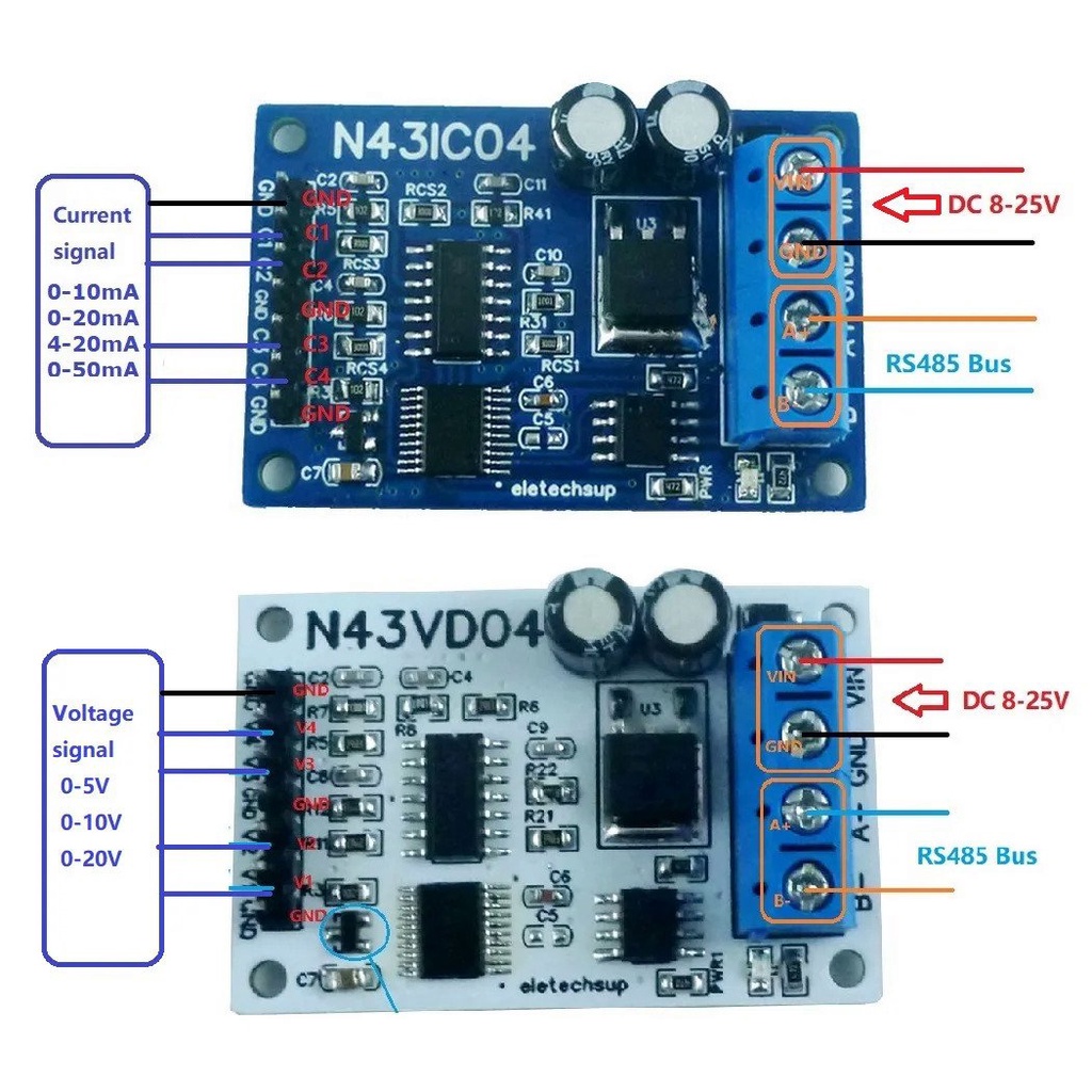 4PCS 4-20MA/0-5V/0-10V 4ch Current/Voltage Analog Acquisition RS485 Modbus RTU ADC Module ...