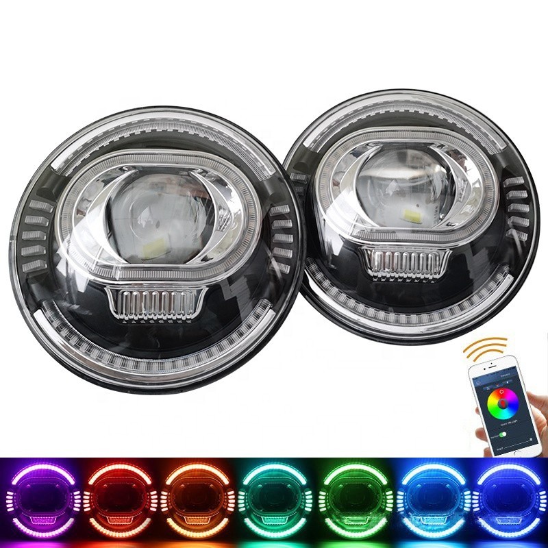 RGB Halo 80W 7 inch Round Projector Headlight Dual Color DRL App ...