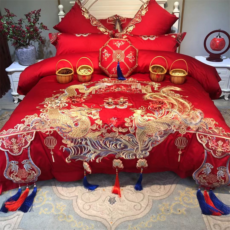 ☏new Luxury Satin Jacquard Egyptian Cotton Chinese Wedding Bedding Set