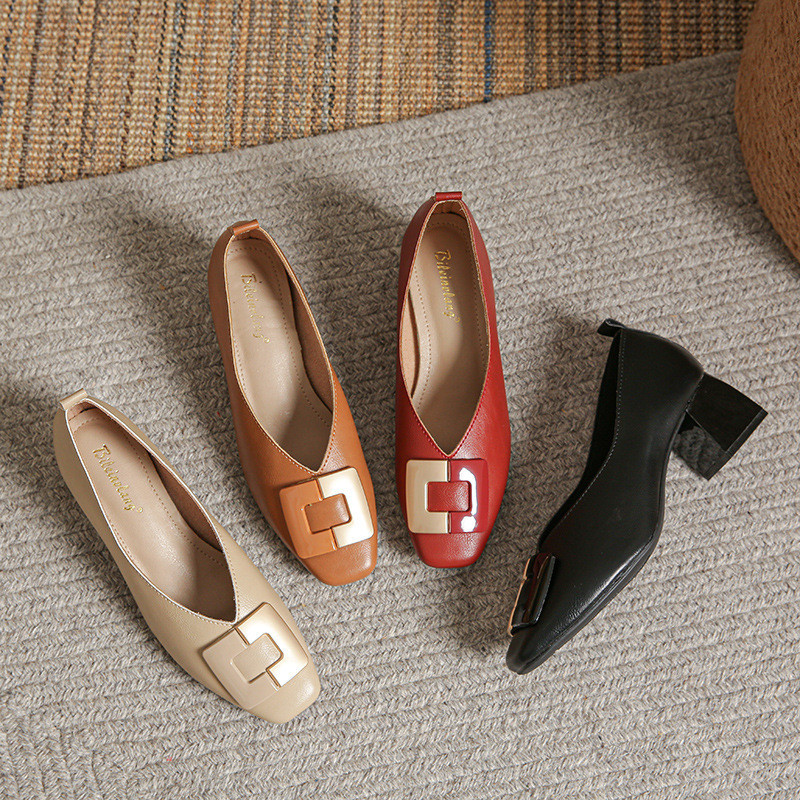 Woman Spring Elegant Square Toe Red Shoes 5CM High Heel Metal Retro ...