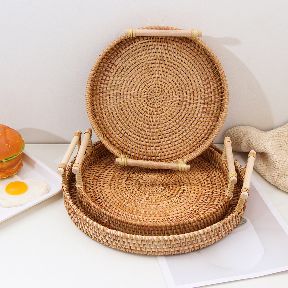 Rattan Handwoven Round Serving Tray Food Storage Plate With Wooden