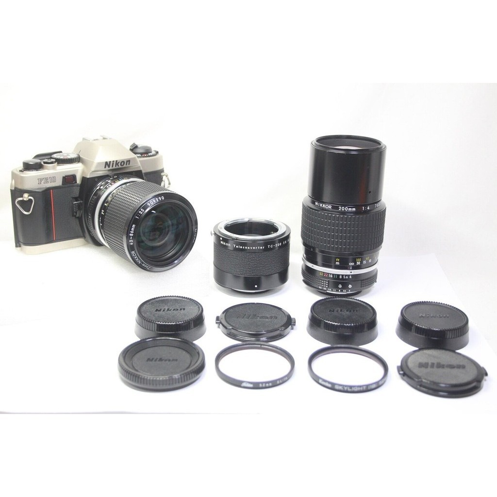 Nikon FE10 Film Camera + Zoom-NIKKOR 43-86mm F/3.5 + 200mm F/4 + TC-200 ...