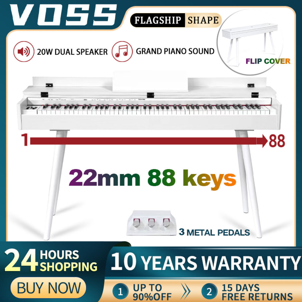 VOSS White 88 Keys Piano Fully Weighted Key Piano Flip Cover Electronic ...