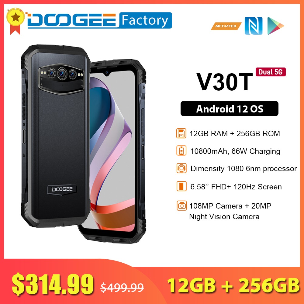 DOOGEE V30T 12GB 256GB 5G Smartphone Dimensity 1080 6nm 10800mAh 108MP 120Hz Mobile Phone Wifi 6 ...