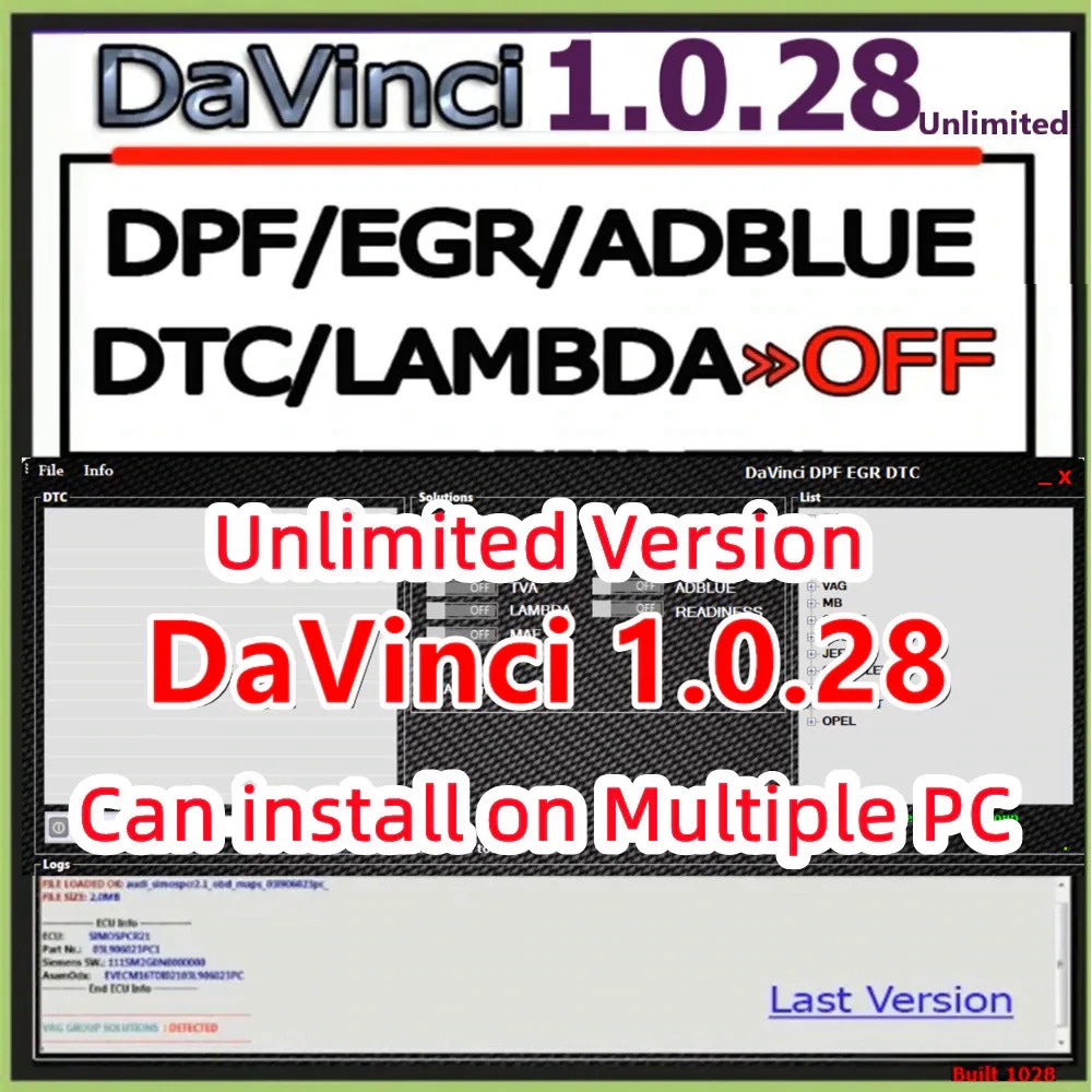 Newest Version DaVinci 1.0.28 1.0.26 Car Repair Software ECU DPF EGR TVA DTC MAF FLAPS ADBLUE ...