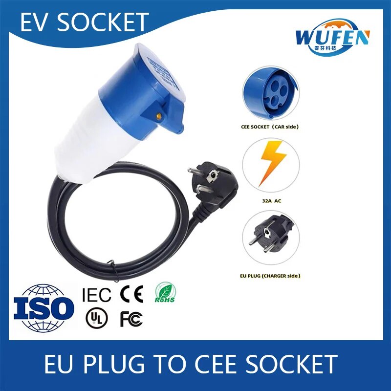 ☛CEE Socket EV Charger Connector 32A 1m EVSE Schuko Plug to CEE Socket ...