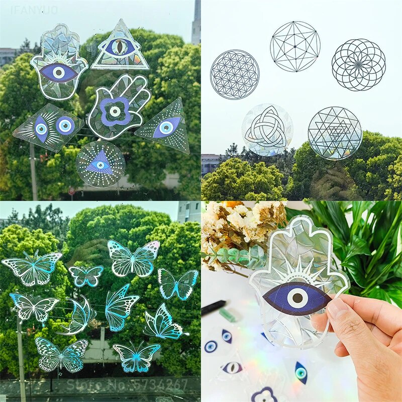 Sun Catcher Sticker Set Butterfly Evil Eye Flower of Life Palm Rainbow ...