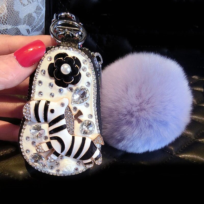 ~Cute Cartoon Diamond Zebra Leather Car Key Case Key Cover Women ...
