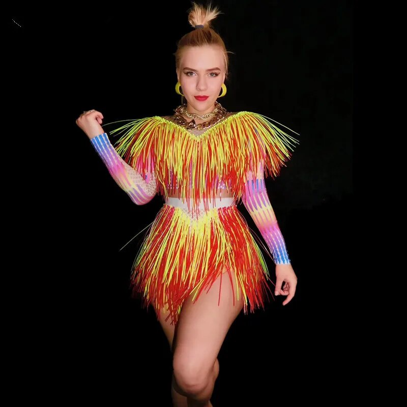 Fashion Neon Orange Dance Bodysuit Women Singer Stage Wear Outfit ...