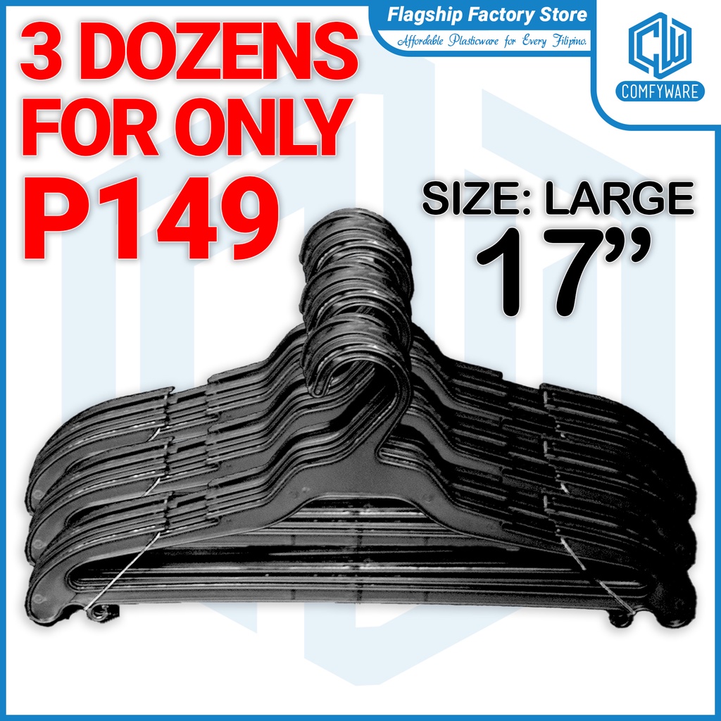 36PCS FOR 149PHP Large 17" Plastic Hanger Adult Black Flat Hangers XL ...