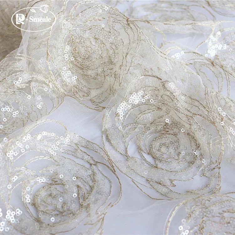 Rose Flower Sequin Embroidery 3D Lace Fabric Wedding Dress Dress Sewing ...