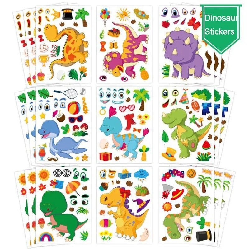 6-27Sheets Kids DIY Make A Dinosaur Face Stickers Party Favor Creative ...