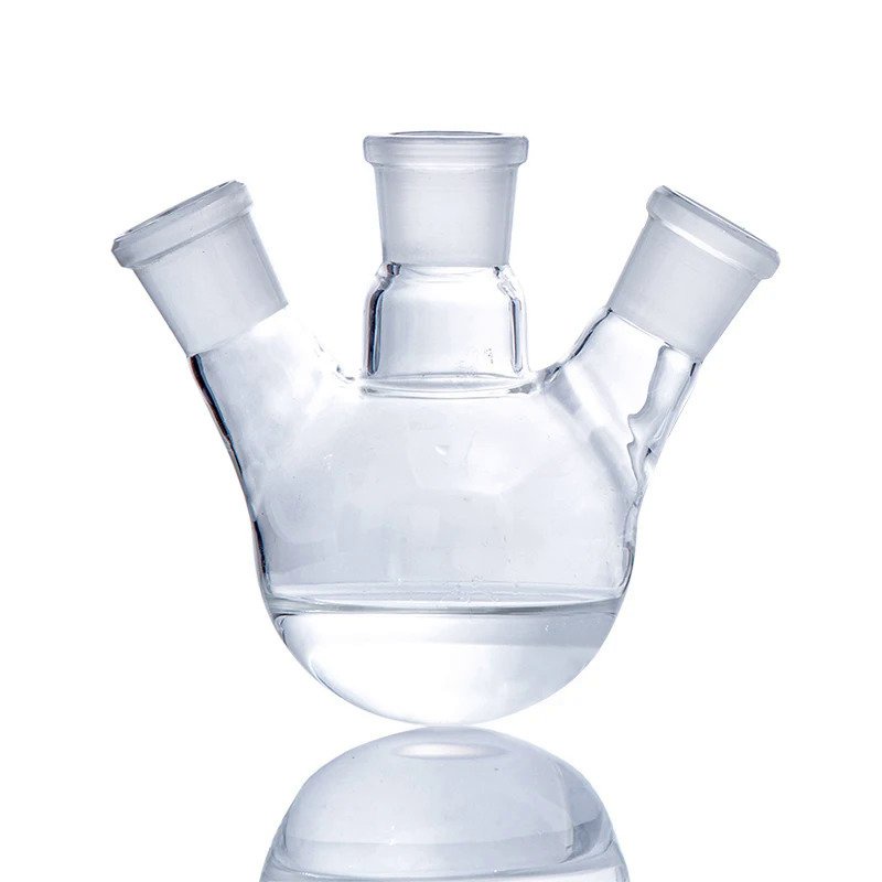 Lab Glass spherical 3 three neck boiling distillation flask with 2 two parallel straight direct ...